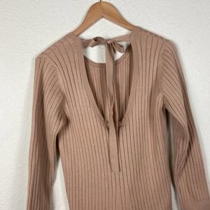 Wayf | Dresses | Nwt Wayf Ribbed Knit Sweater Dress Midi Tan Cutout Tie ...